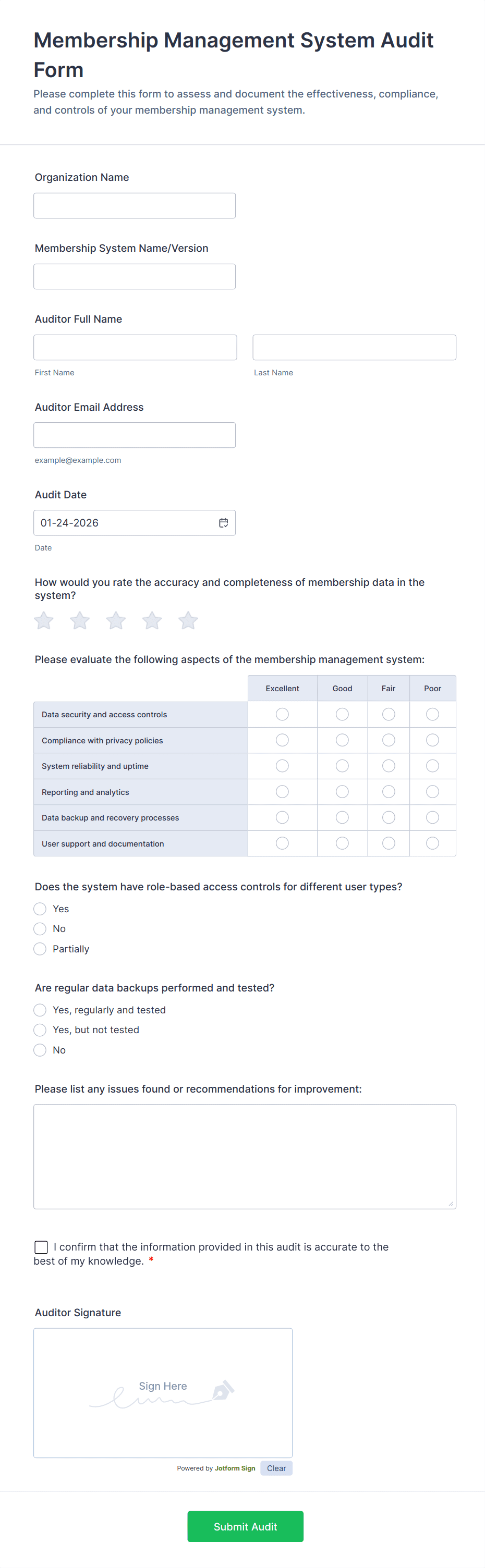 Membership Management System Audit Form Form Template | Jotform