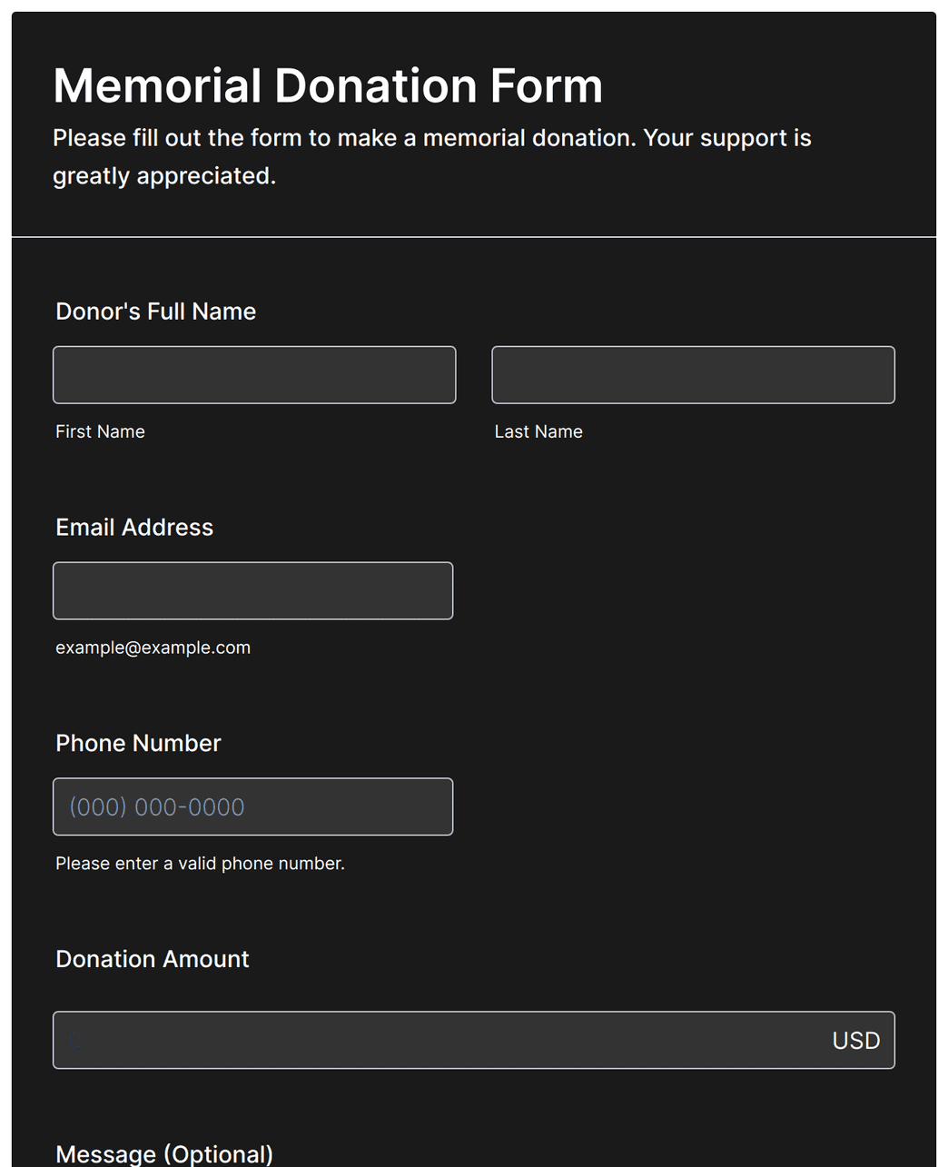 Memorial Donation Form Template | Jotform