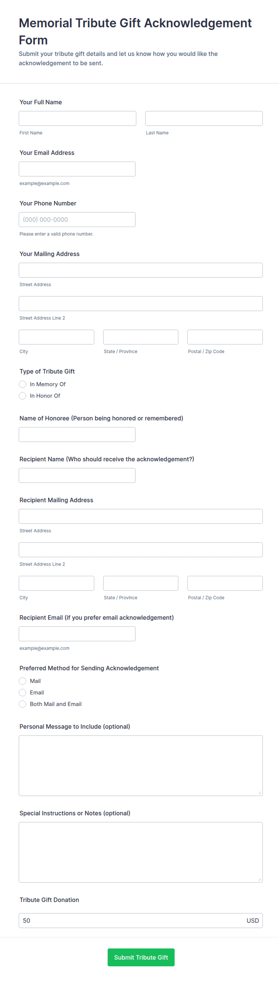 Memorial Tribute Gift Acknowledgement Form Template | Jotform