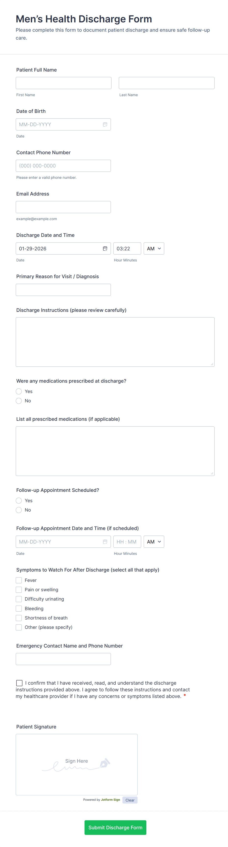 Men’s Health Discharge Form Template | Jotform
