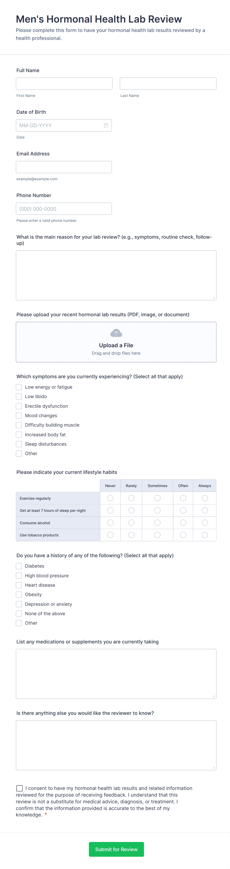 Men's Hormonal Health Lab Review Form Template | Jotform