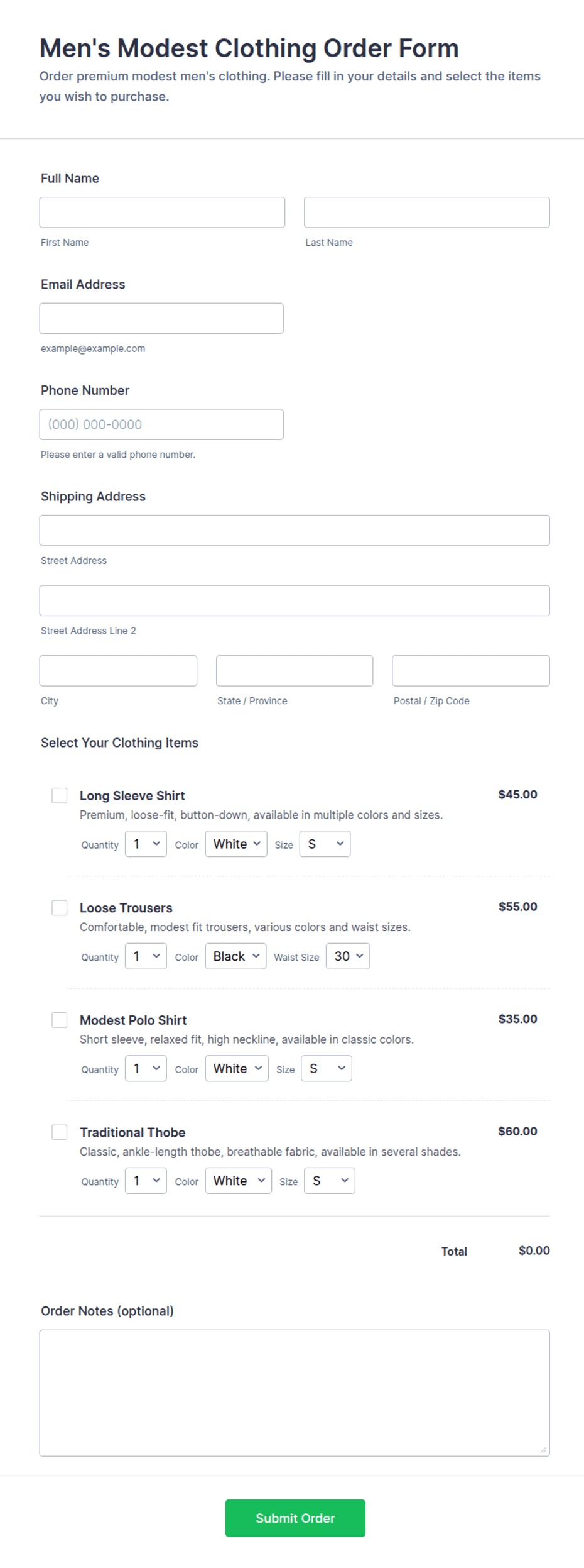 Men's Modest Clothing Order Form Template | Jotform