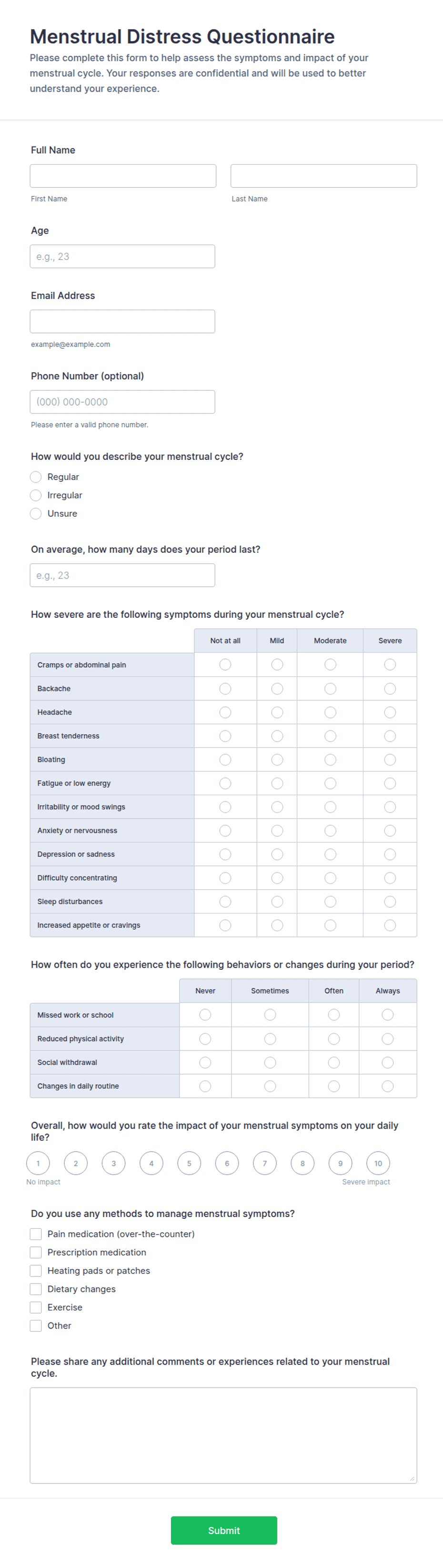 Menstrual Distress Questionnaire Form Template | Jotform