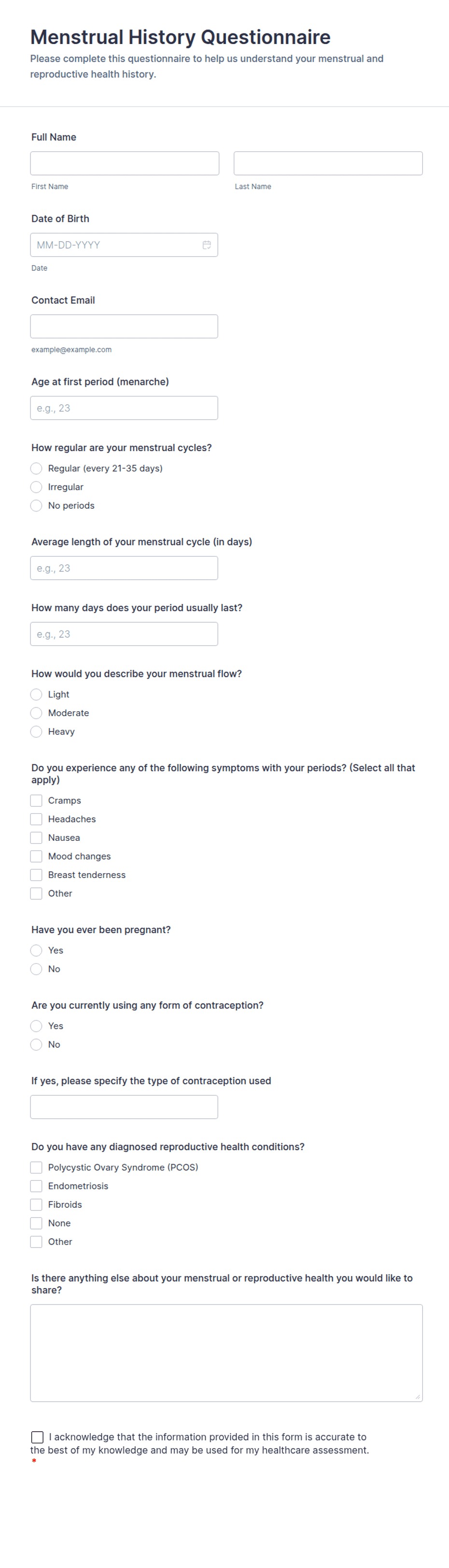 Menstrual History Questionnaire Form Template | Jotform
