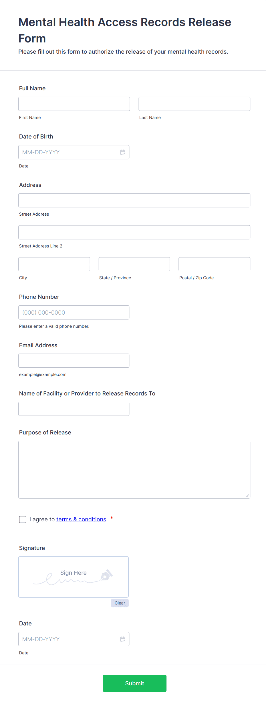 Mental Health Access Records Release Form Template | Jotform