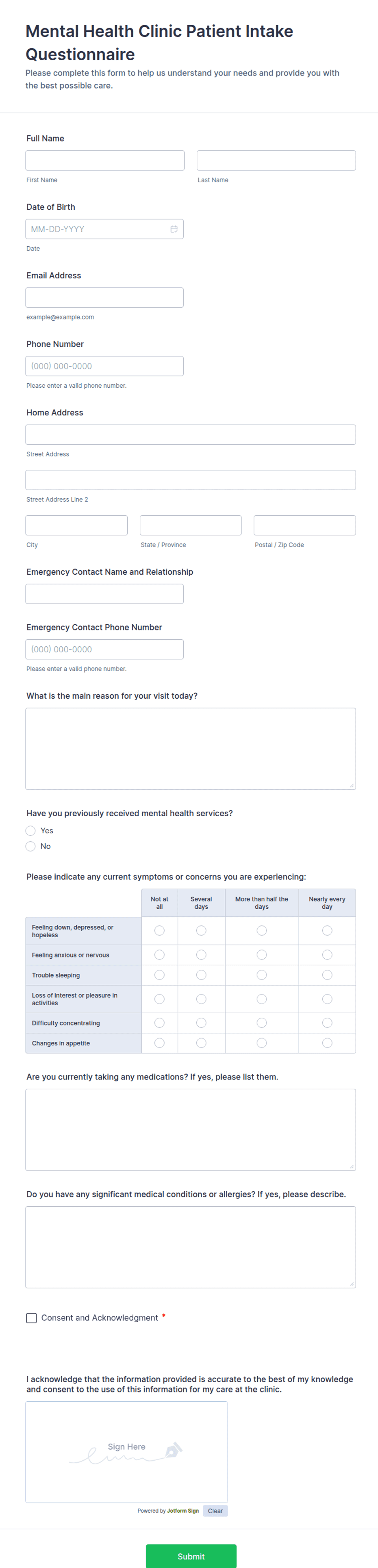 Mental Health Clinic Patient Intake Questionnaire Form Template | Jotform