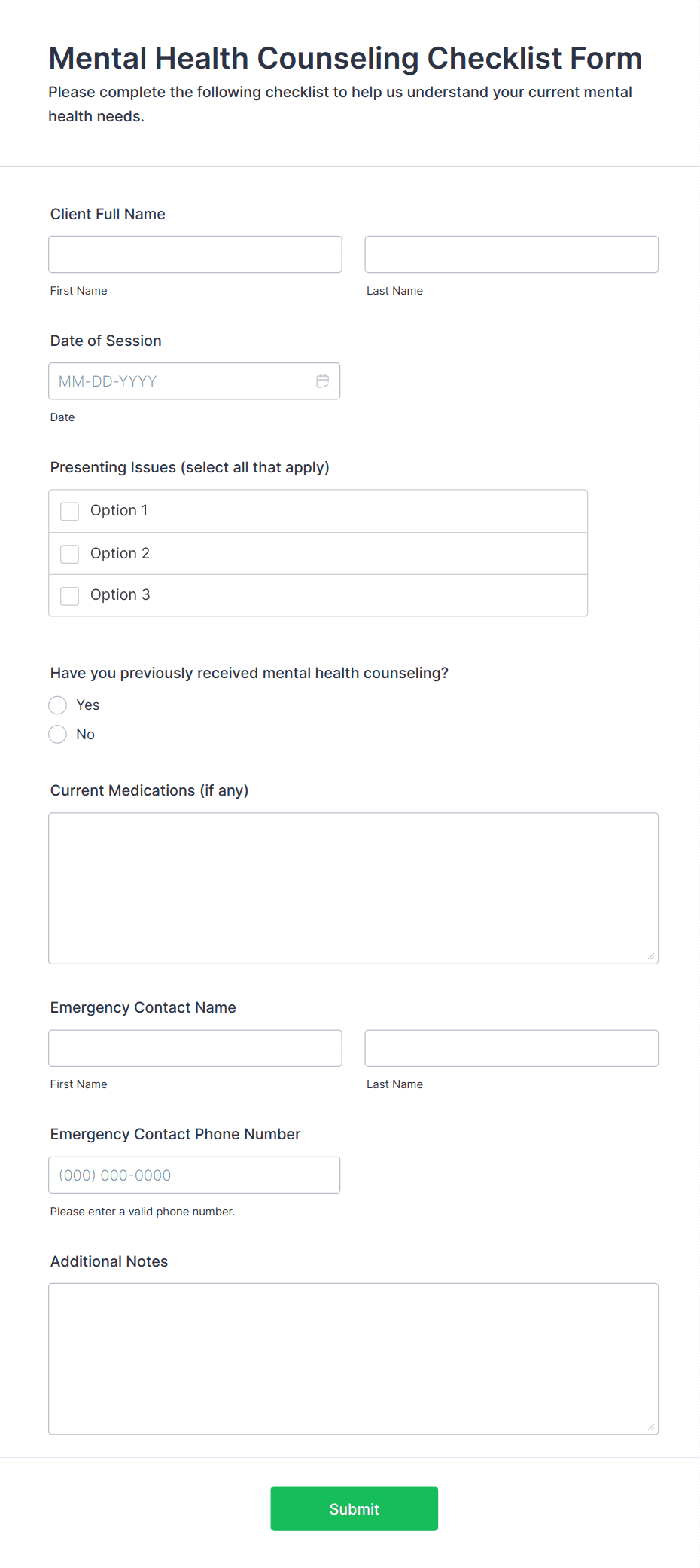 Mental Health Counseling Checklist Form Template | Jotform