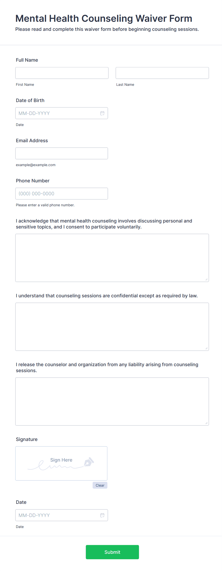Mental Health Counseling Waiver Form Template | Jotform