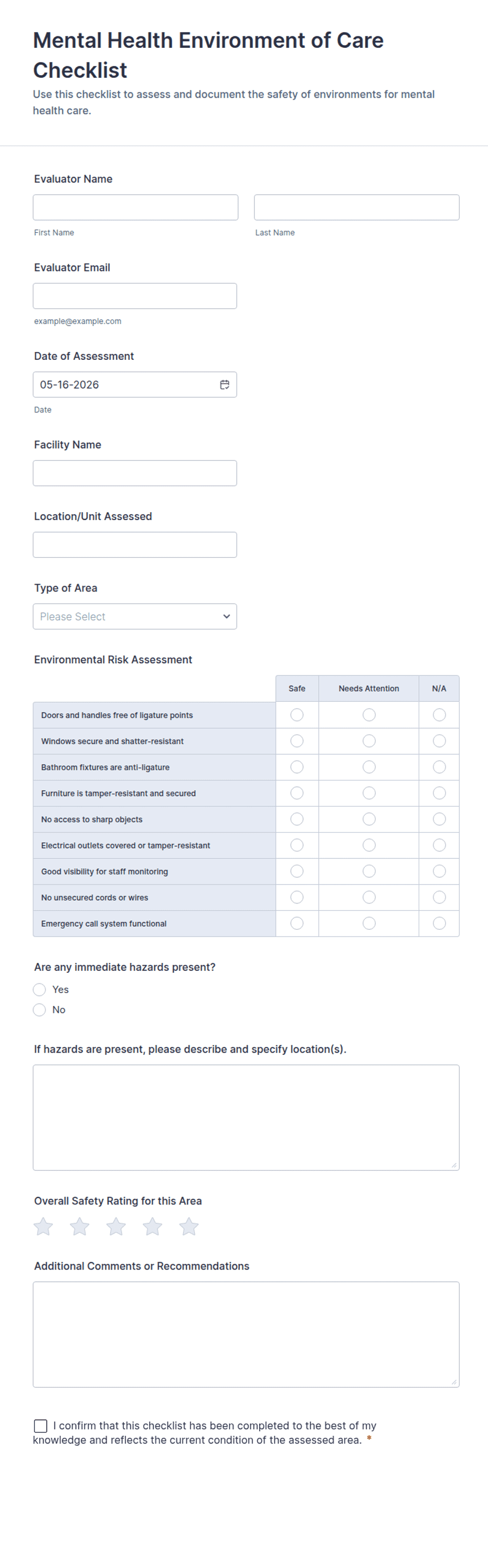 Mental Health Environment of Care Checklist Form Template | Jotform