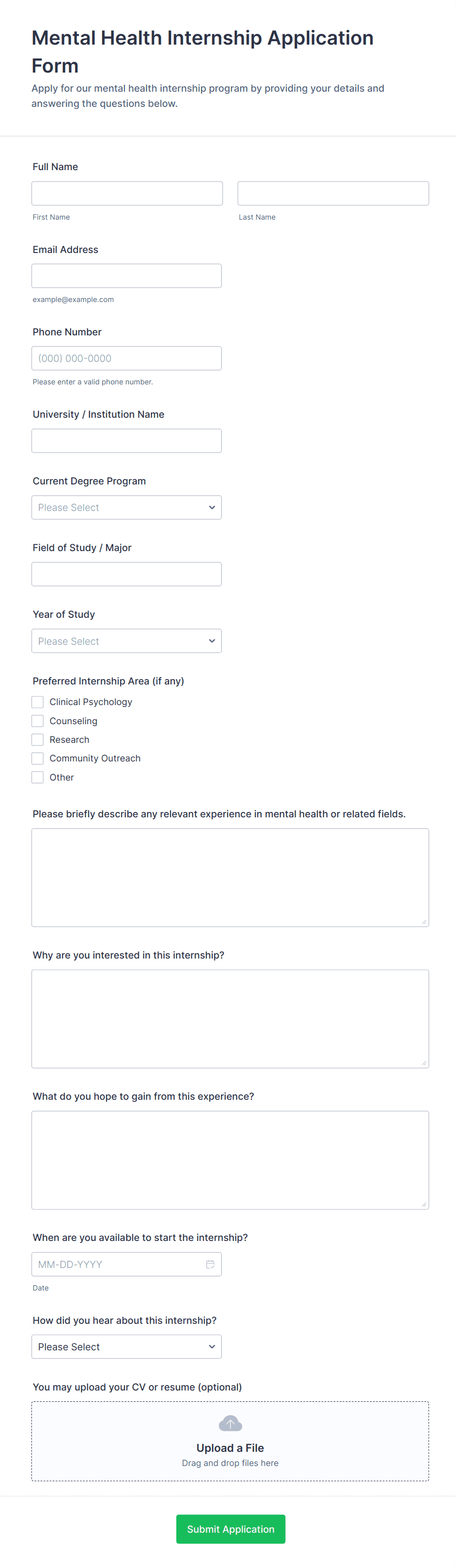 Mental Health Internship Application Form Template | Jotform