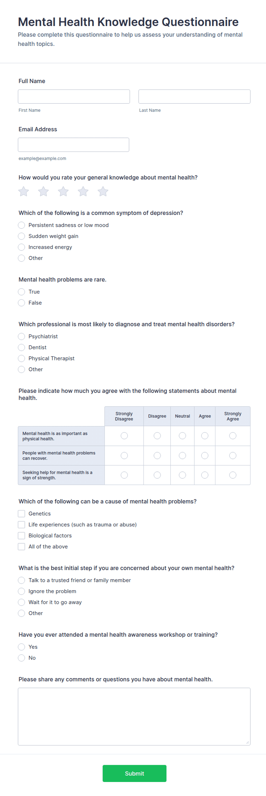 Mental Health Knowledge Questionnaire Form Template | Jotform