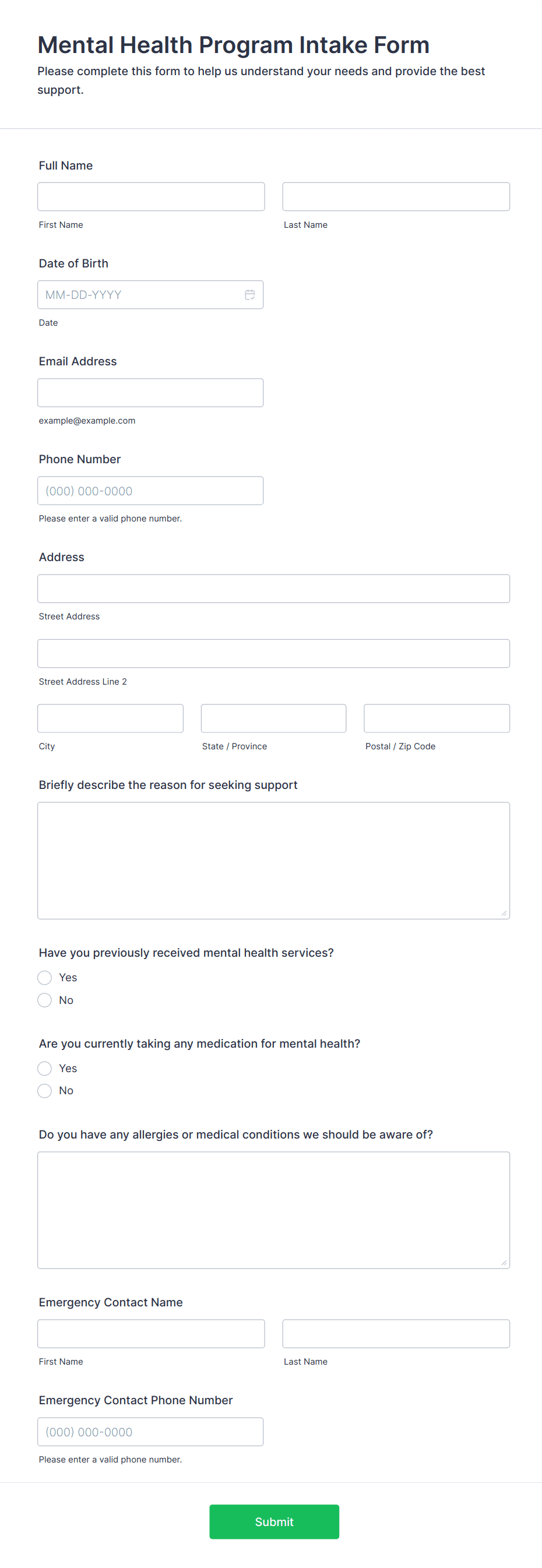 Mental Health Program Intake Form Template | Jotform