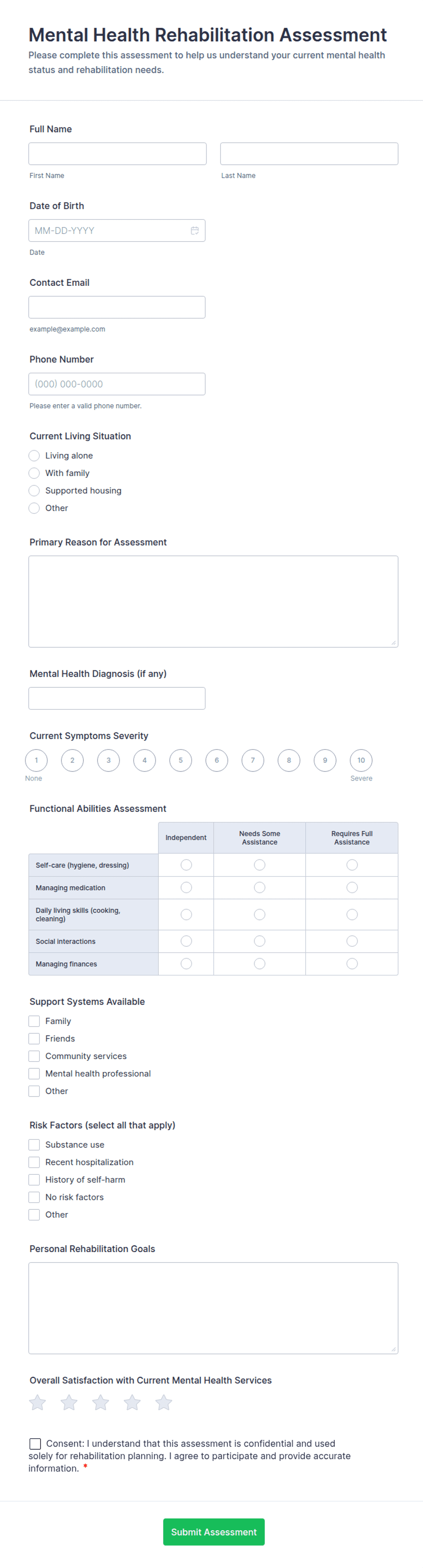 Mental Health Rehabilitation Assessment Form Template | Jotform