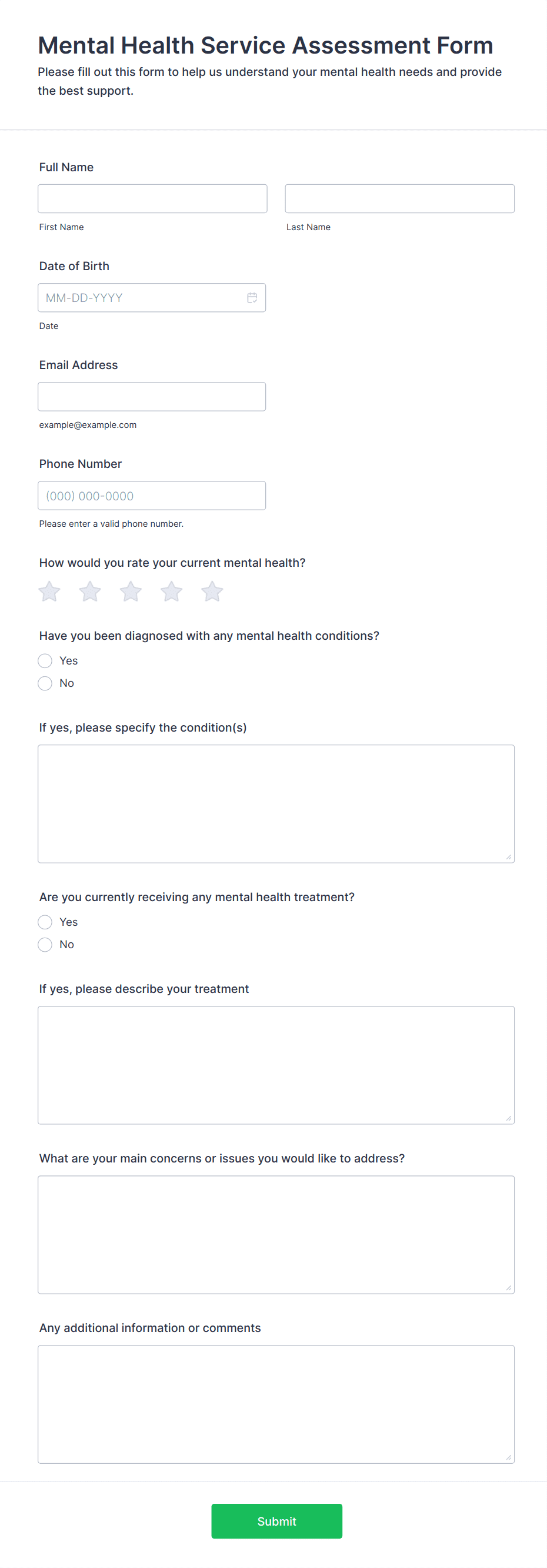Mental Health Service Assessment Form Template | Jotform
