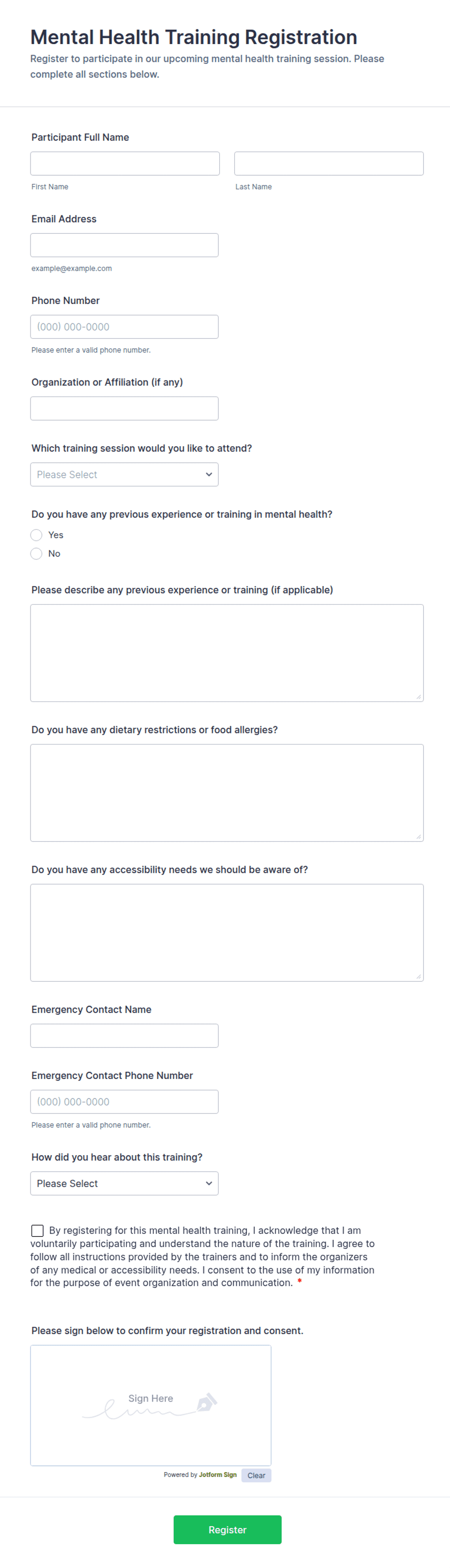 Mental Health Training Registration Form Template | Jotform