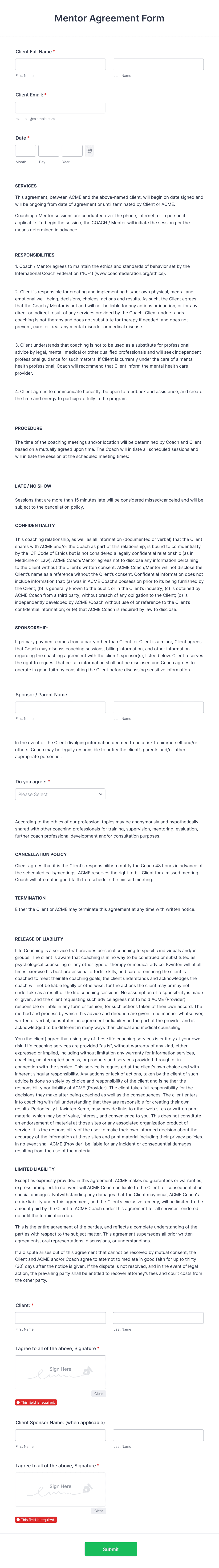 Mentor Agreement Form Template | Jotform