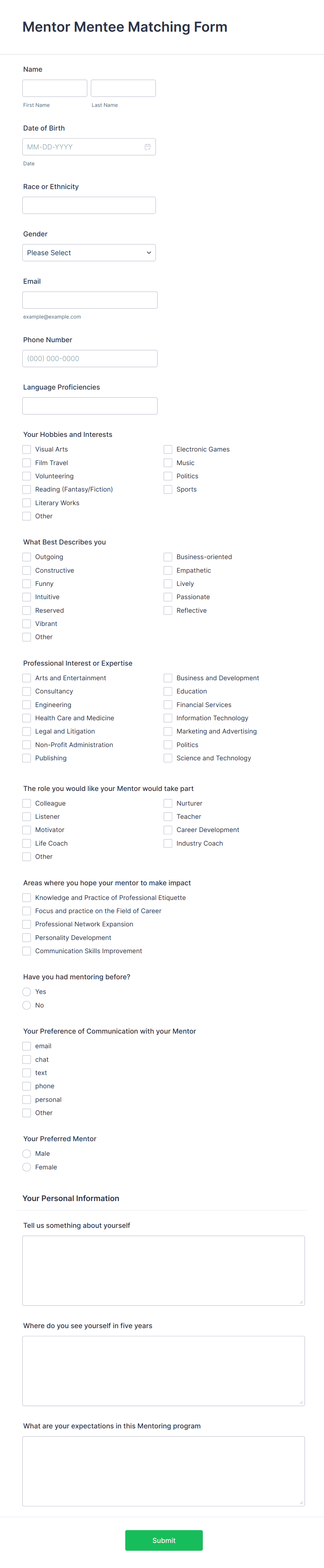 Mentor Mentee Matching Form Template | Jotform