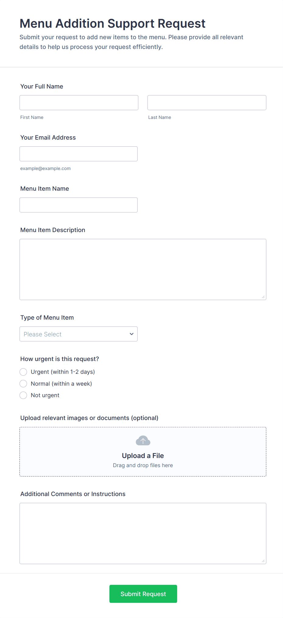 Menu Addition Support Request Form Template | Jotform