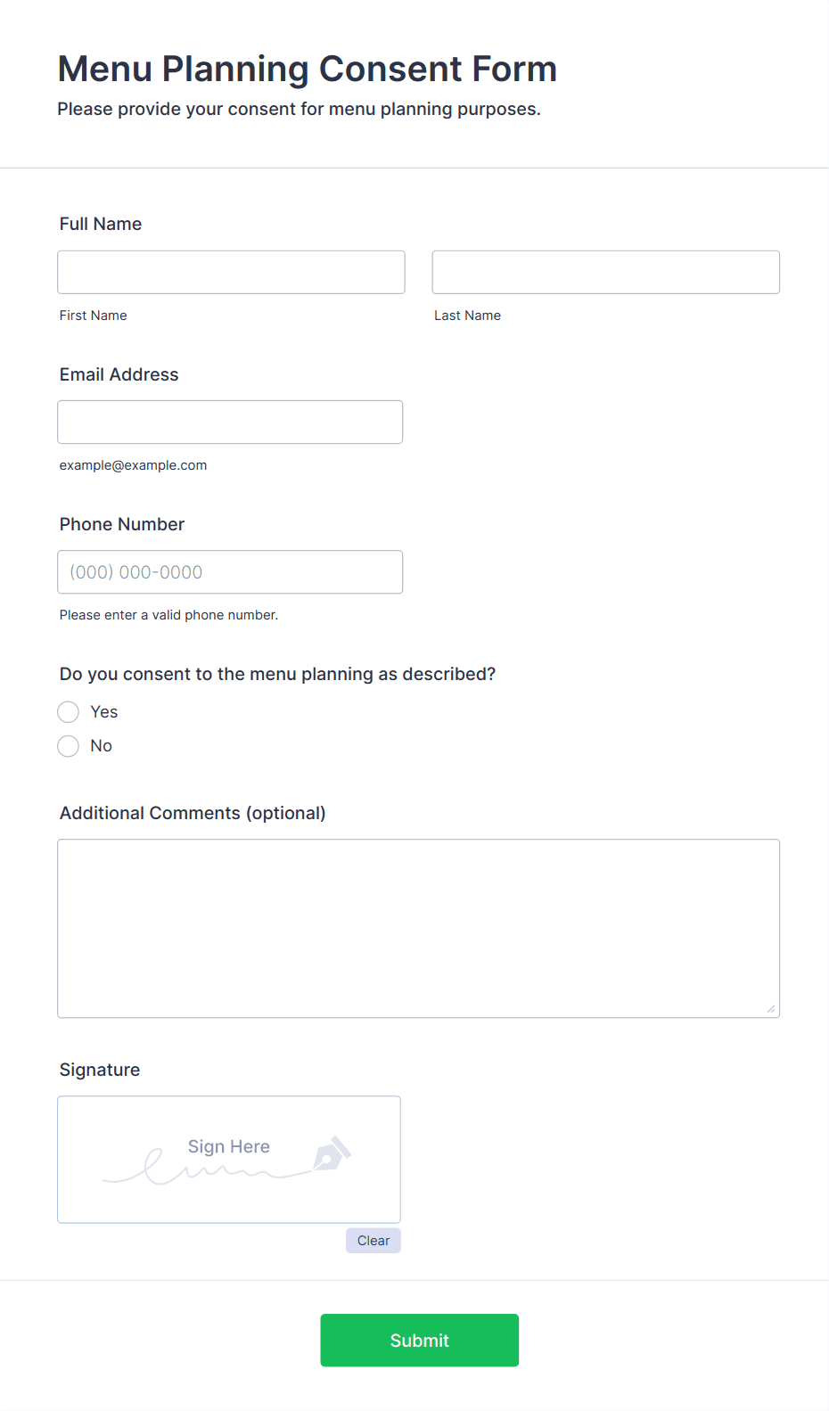 Menu Planning Consent Form Template | Jotform