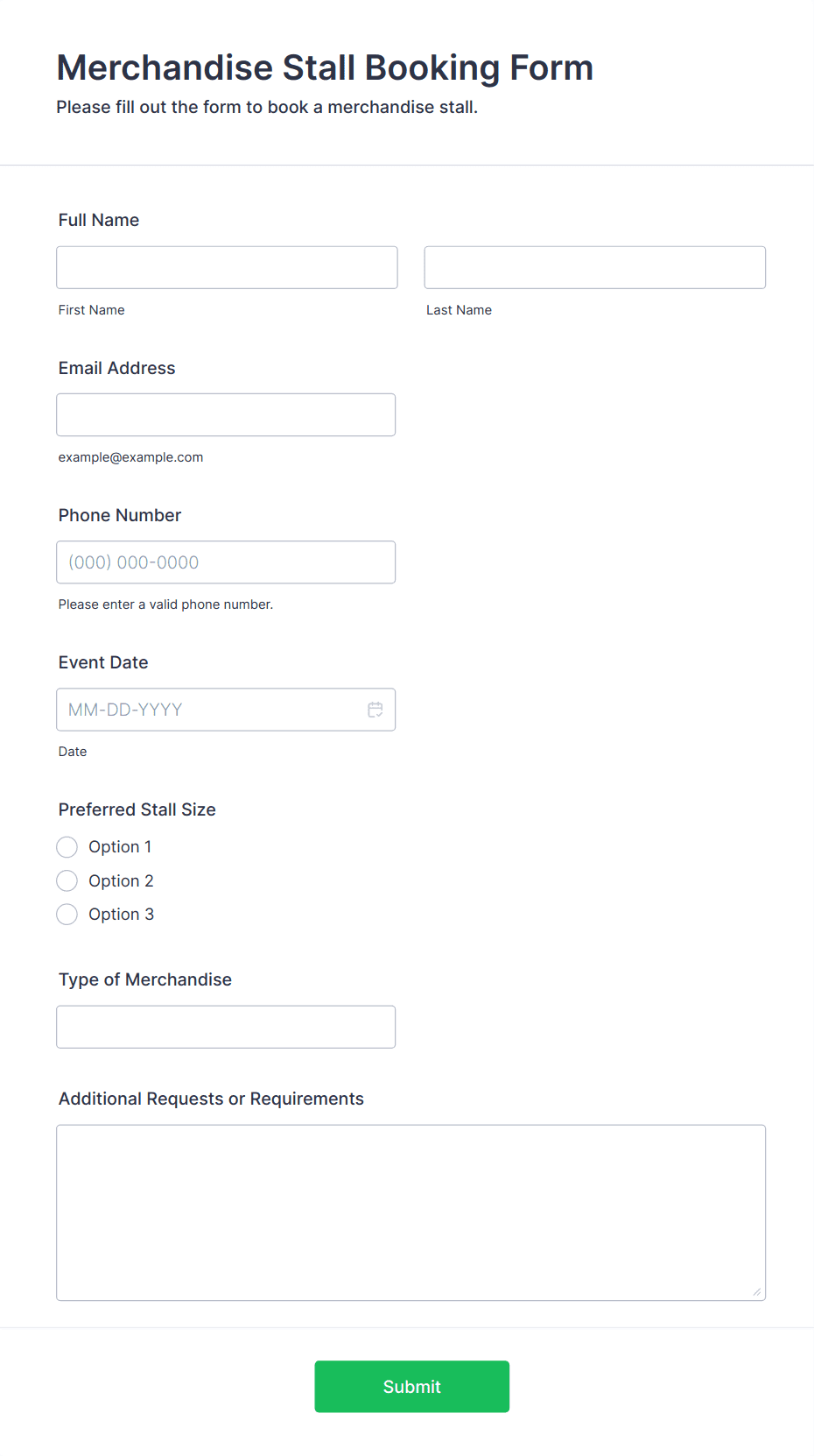 Merchandise Stall Booking Form Template | Jotform