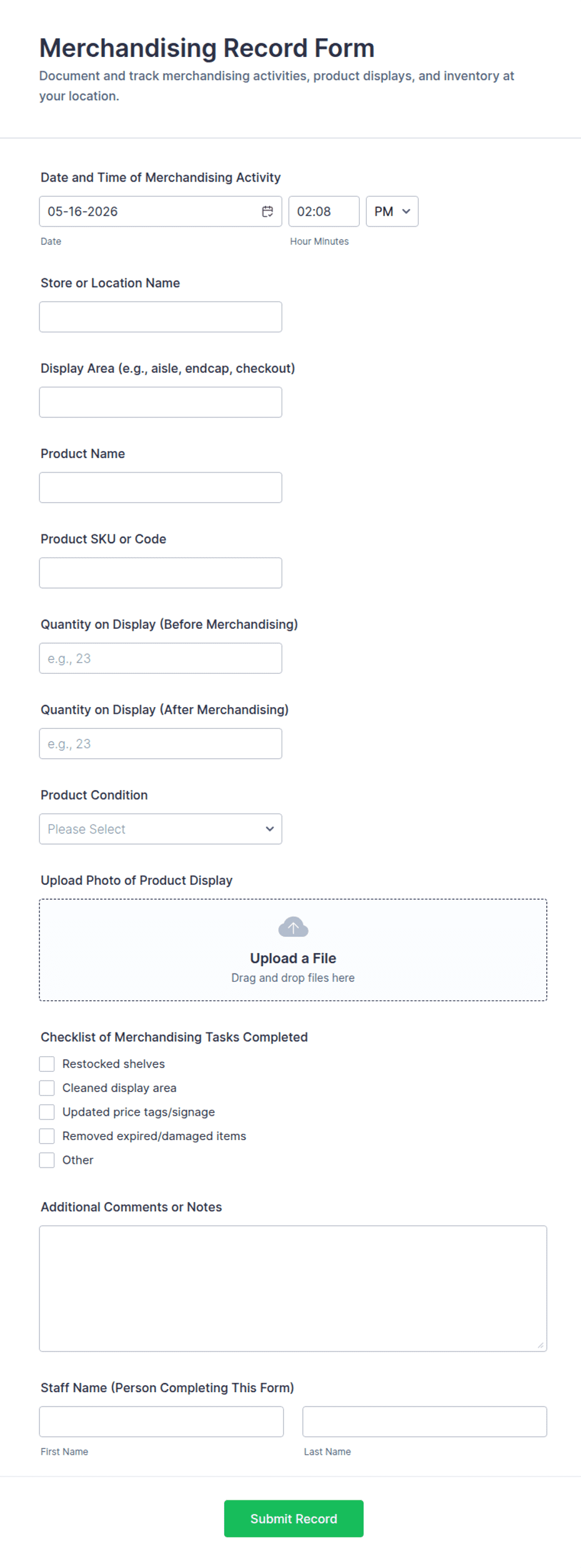 Merchandising Record Form Template | Jotform