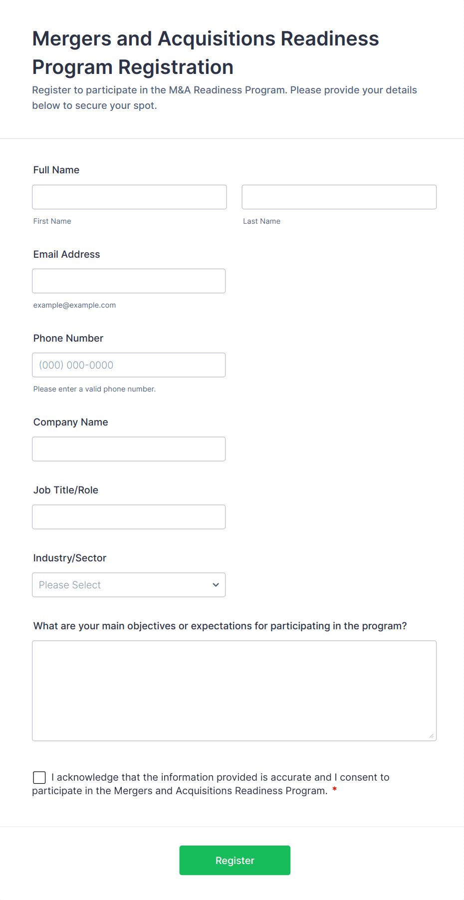 Mergers and Acquisitions Readiness Program Registration Form Template | Jotform