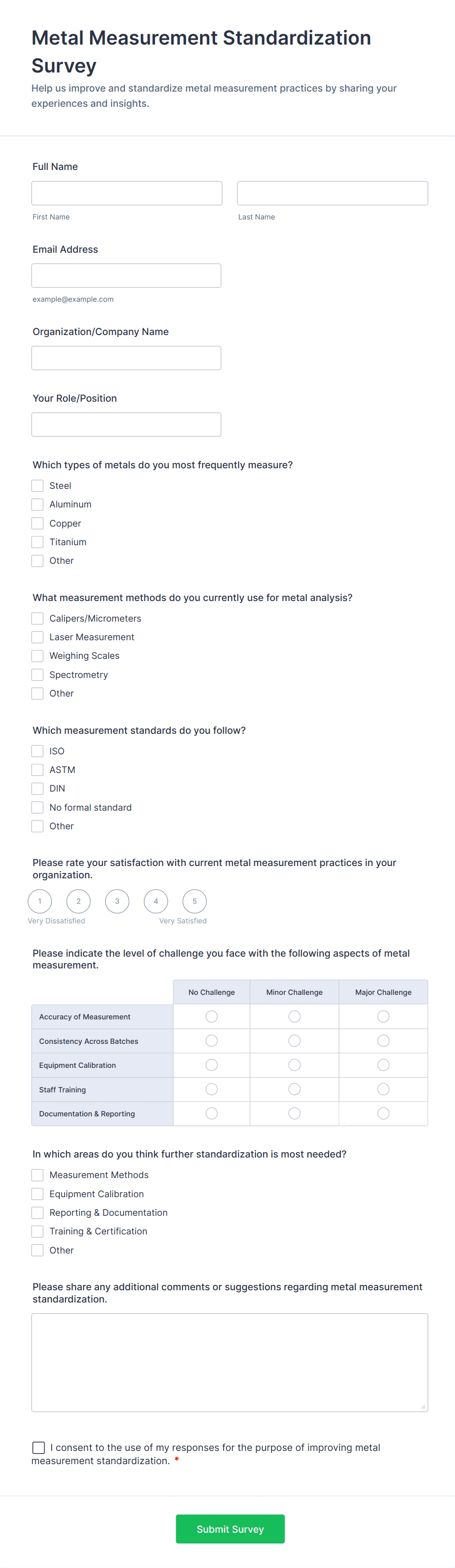Metal Measurement Standardization Survey Form Template | Jotform