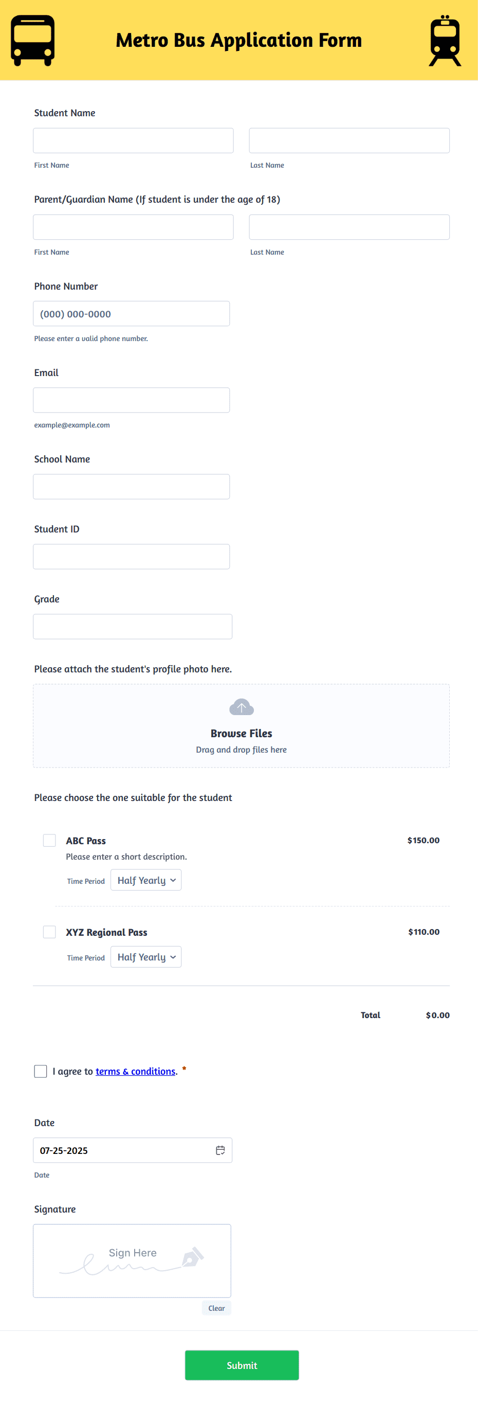 Metro Bus Application Form Template | Jotform
