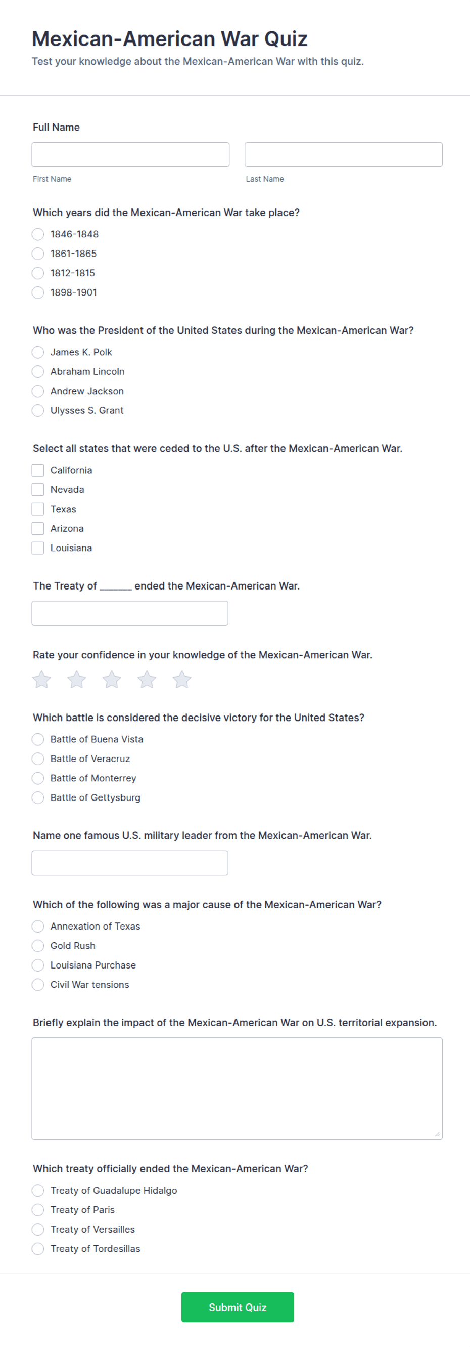 Mexican-American War Quiz Form Template | Jotform