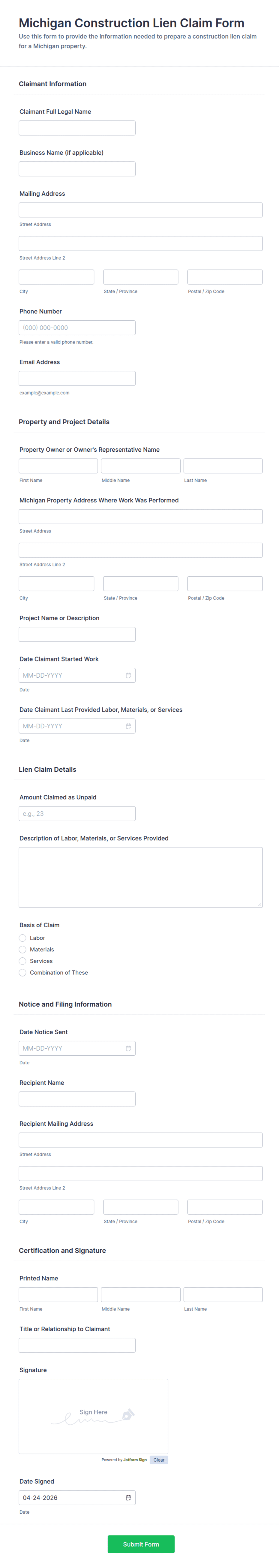 Michigan Construction Lien Claim Form Template | Jotform