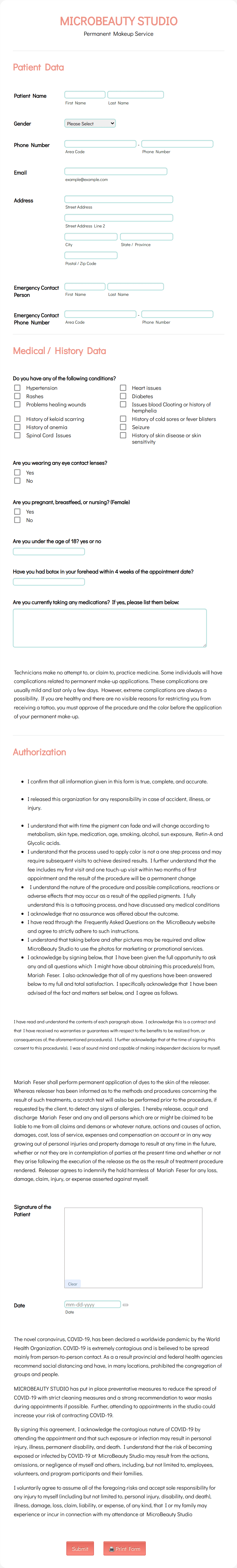 Microbeauty Studio Pmu Form Template | Jotform