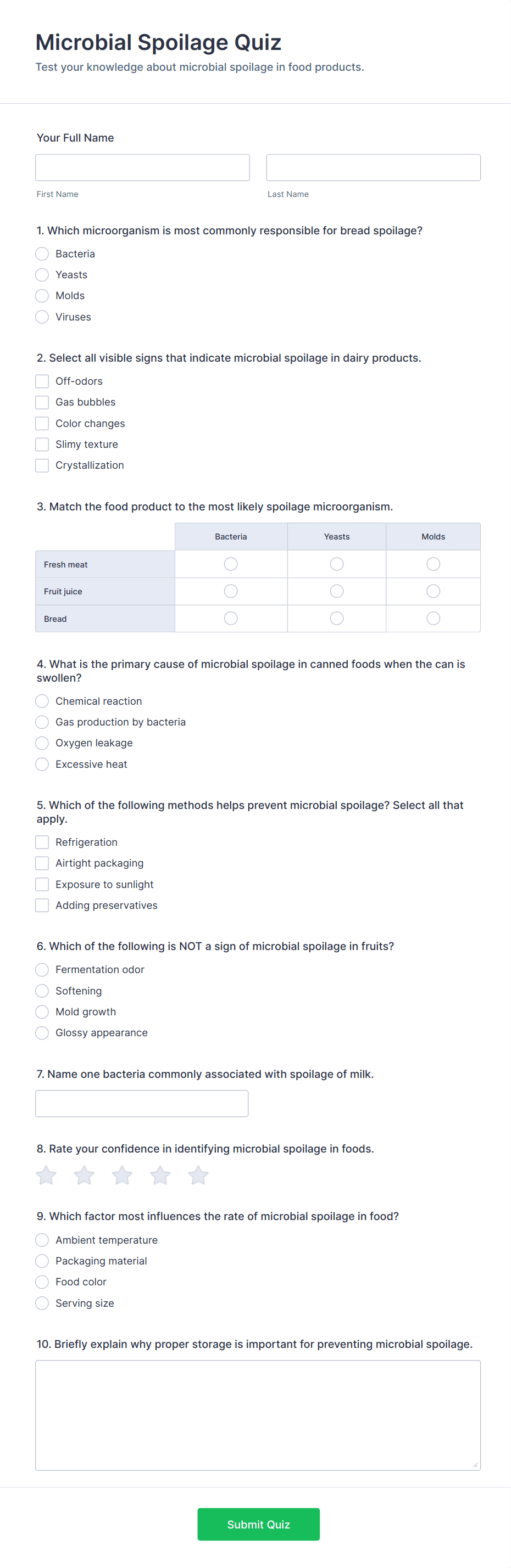 Microbial Spoilage Quiz Form Template | Jotform