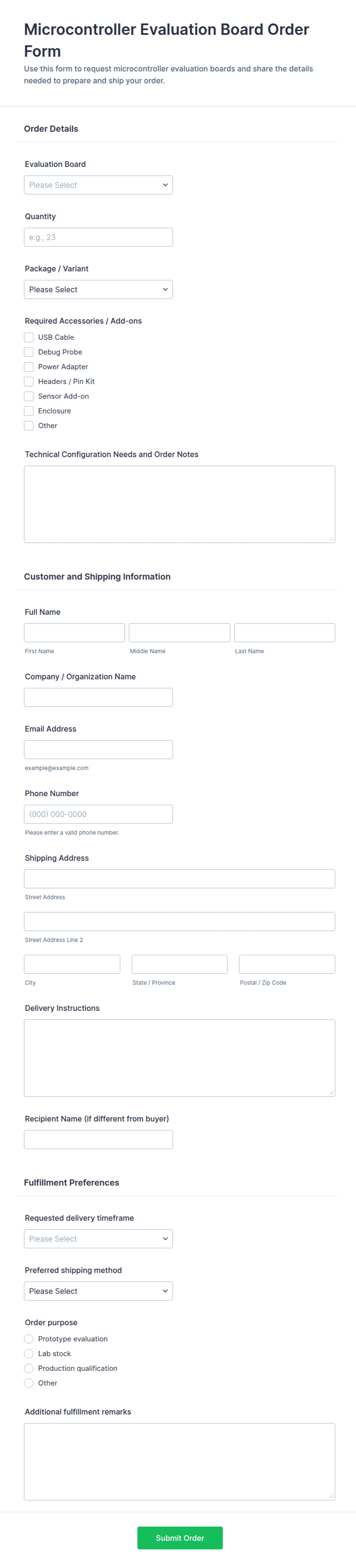 Microcontroller Evaluation Board Order Form Template | Jotform