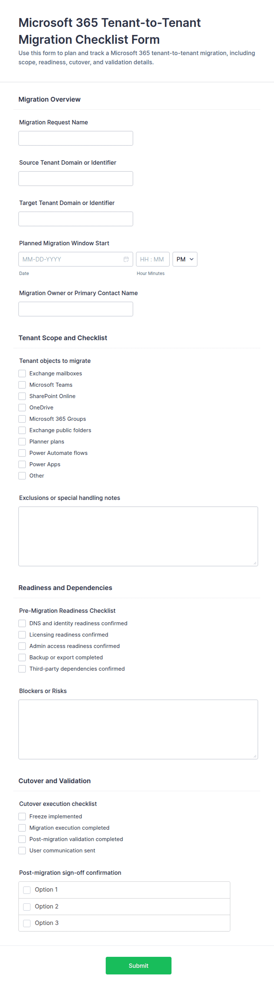 Microsoft 365 Tenant-to-Tenant Migration Checklist Form Template | Jotform