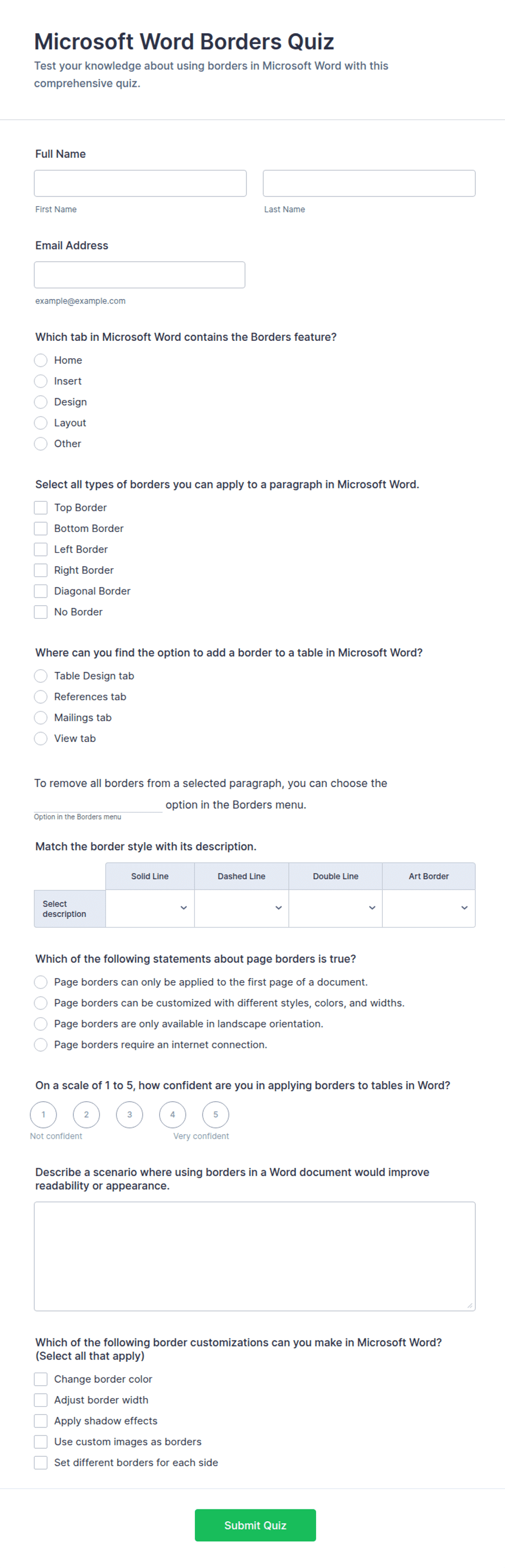 Microsoft Word Borders Quiz Form Template | Jotform