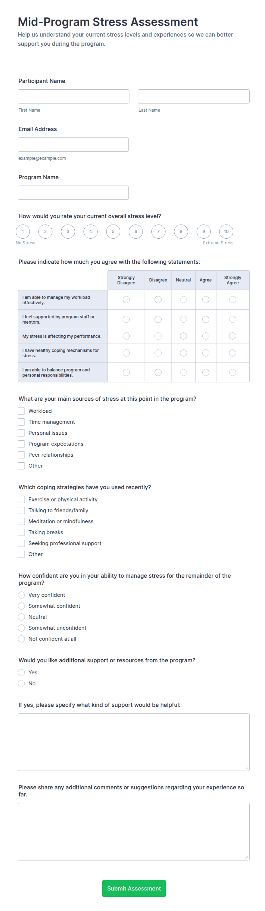 Mid-Program Stress Assessment Form Template | Jotform