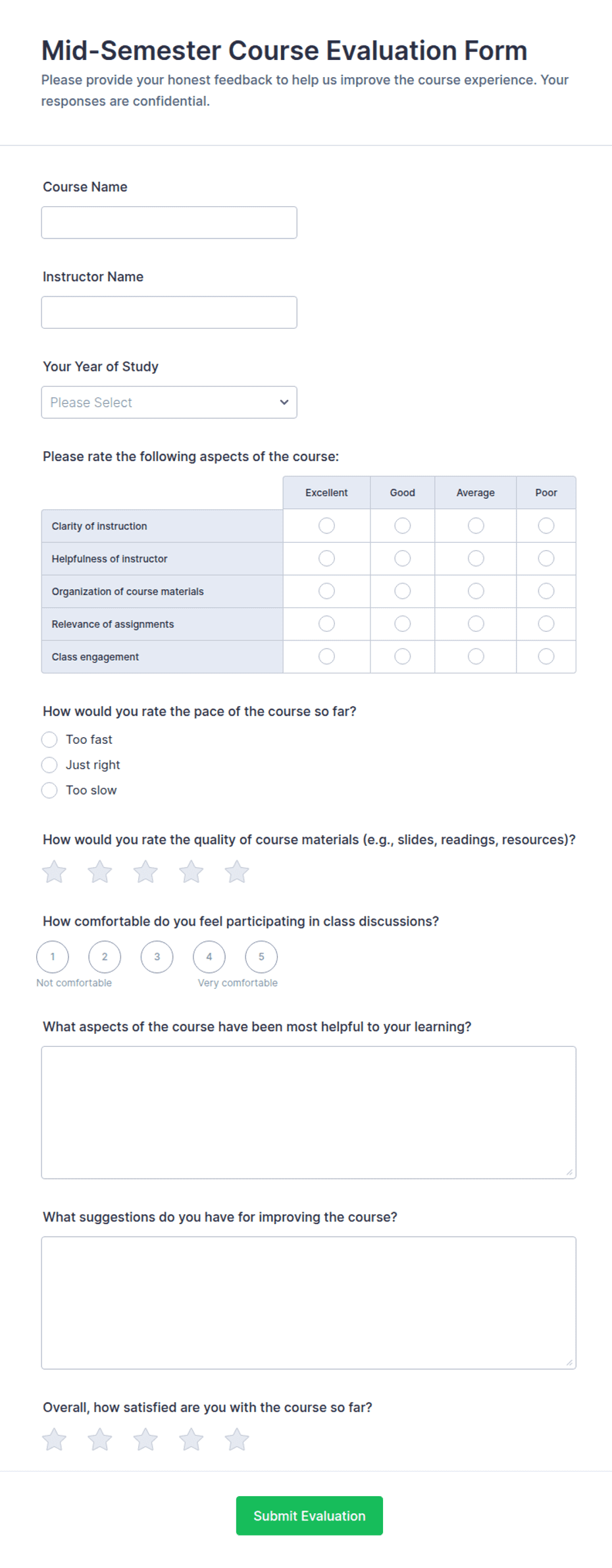 Mid-Semester Course Evaluation Form Template | Jotform