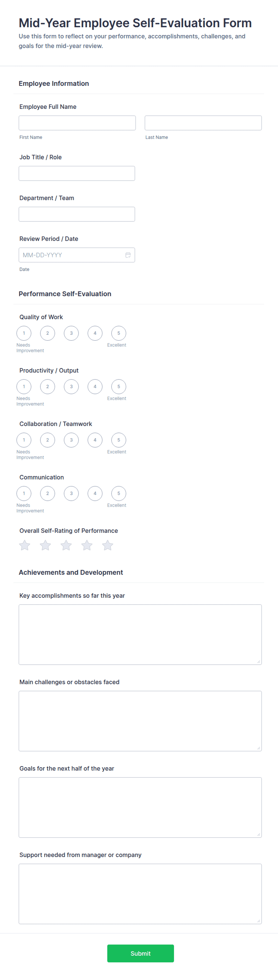 Mid-Year Employee Self-Evaluation Form Template | Jotform