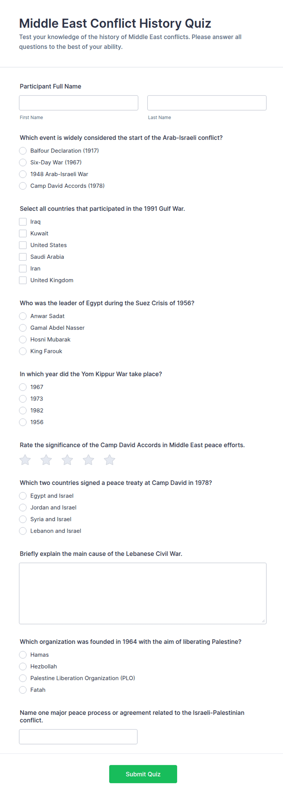 Middle East Conflict History Quiz Form Template | Jotform