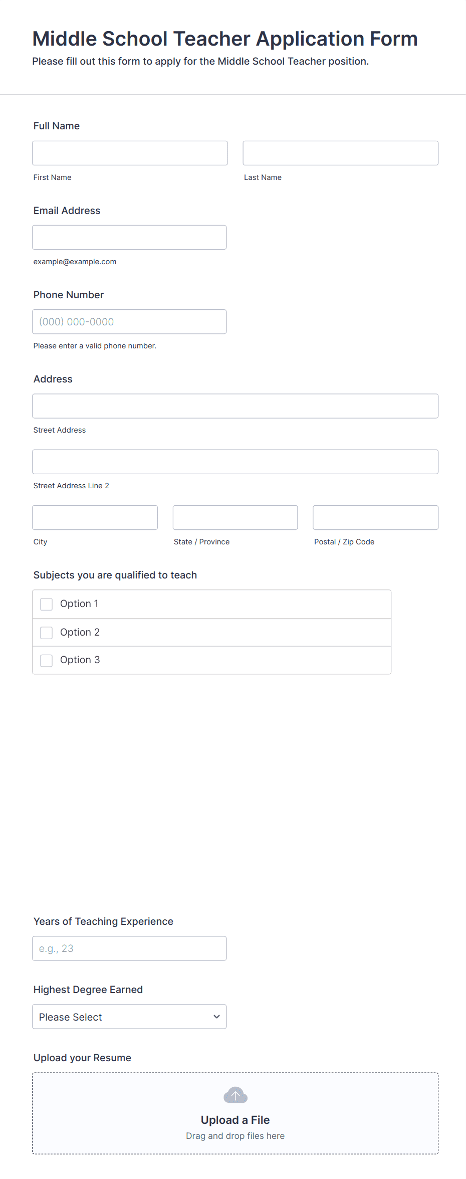 Middle School Teacher Application Form Template | Jotform