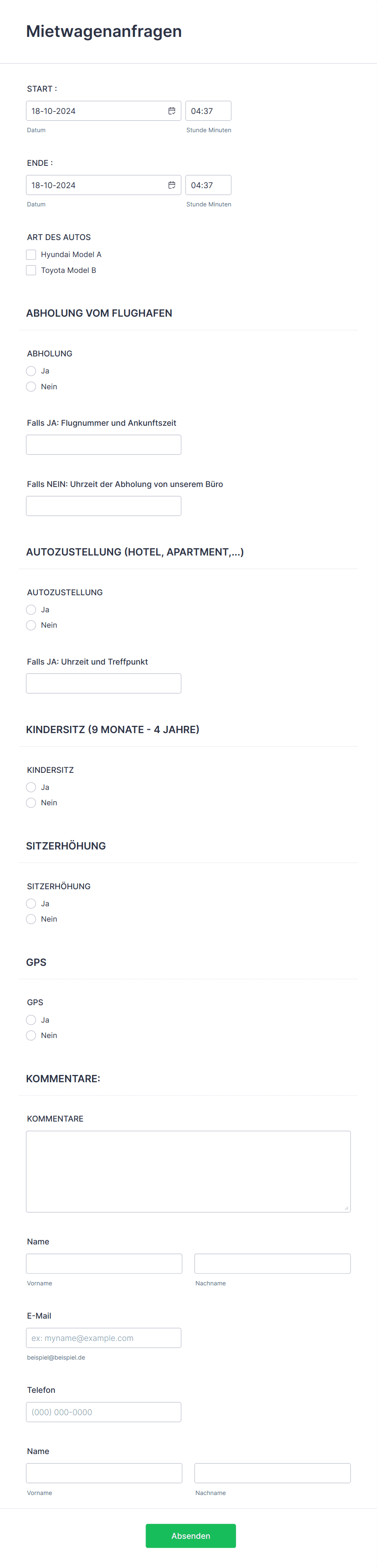 Mietwagenanfragen Formularvorlage | Jotform