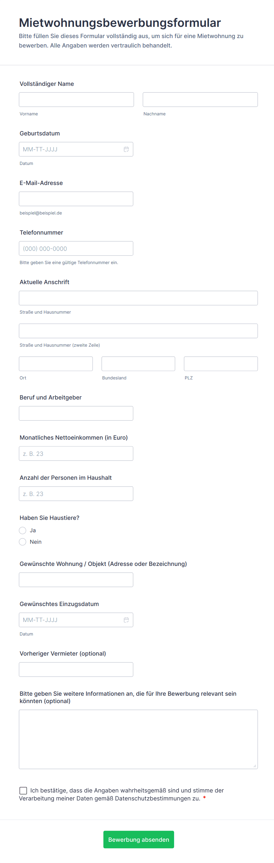 Mietwohnungsbewerbungsformular | Jotform