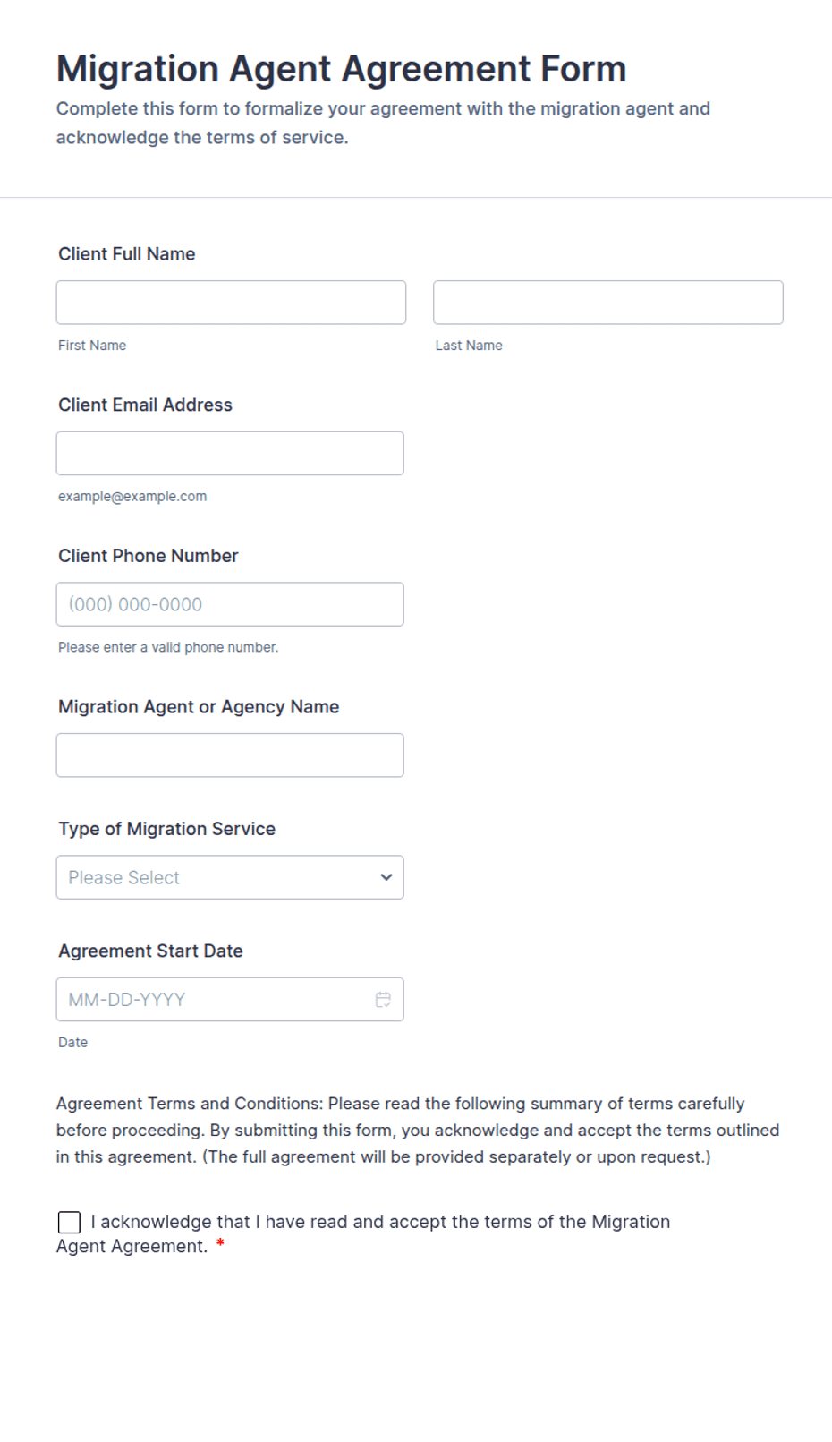 Migration Agent Agreement Form Template | Jotform