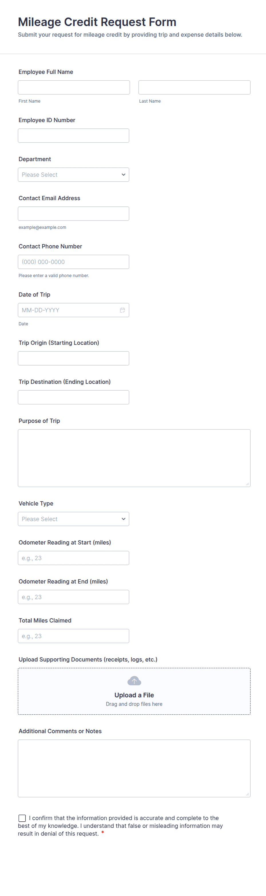 Mileage Credit Request Form Template | Jotform