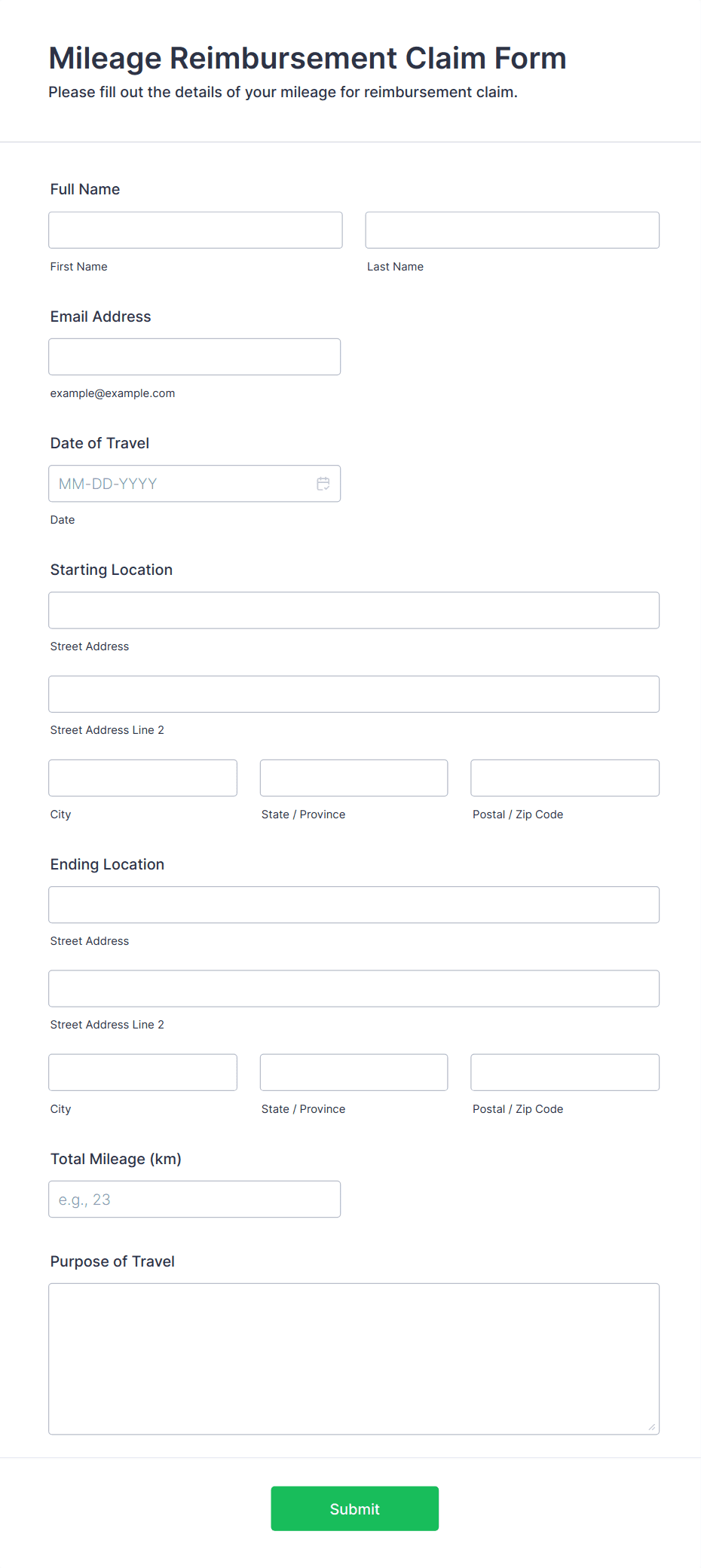 Mileage Reimbursement Claim Form Template | Jotform