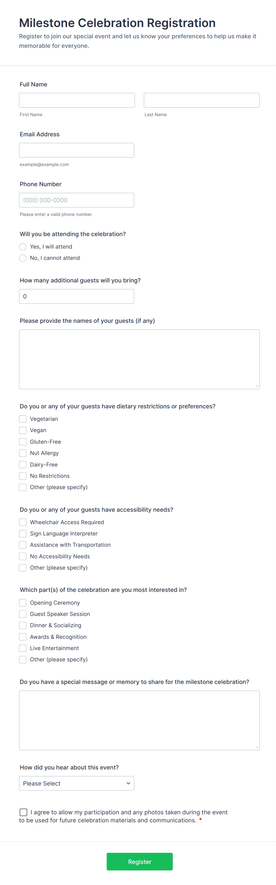 Milestone Celebration Registration Form Template | Jotform