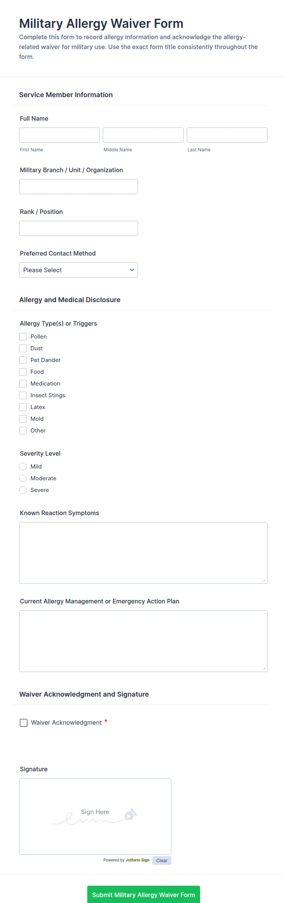 Military Allergy Waiver Form Template | Jotform