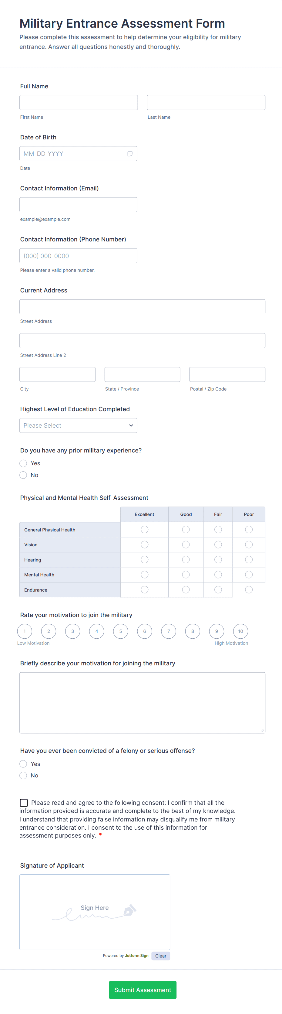 Military Entrance Assessment Form Form Template | Jotform