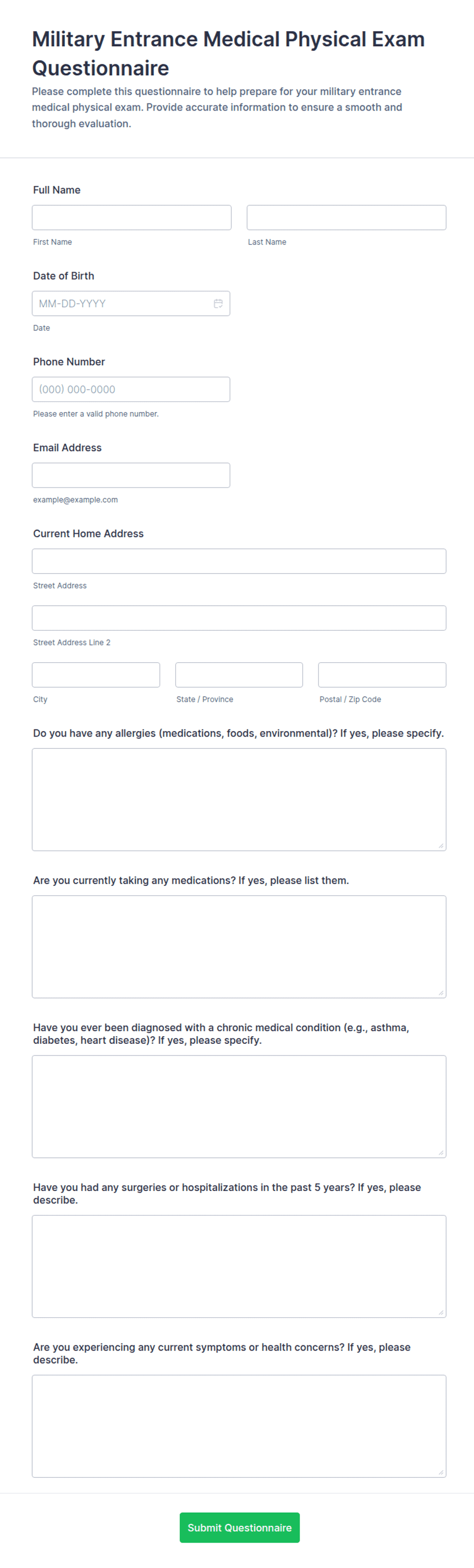 Military Entrance Medical Physical Exam Questionnaire Form Template ...
