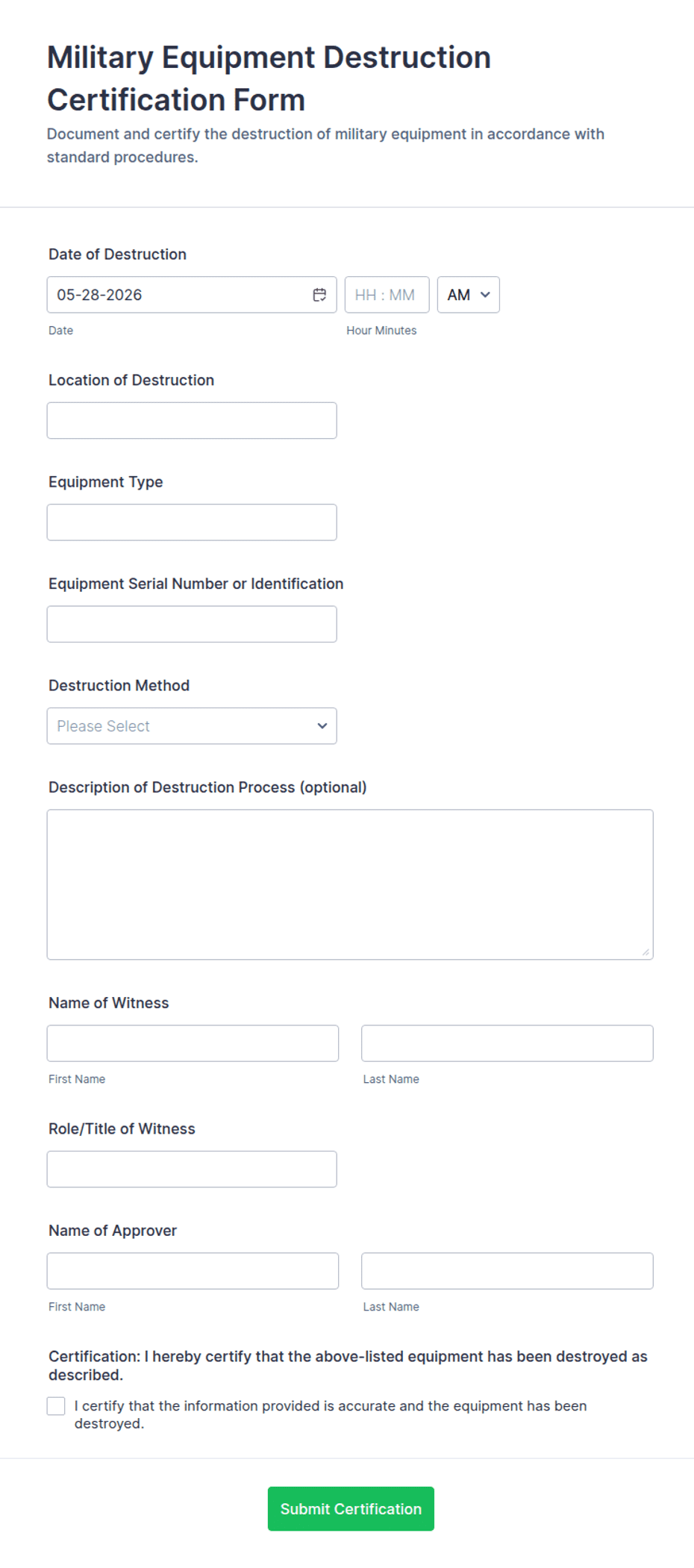 Military Equipment Destruction Certification Form Template | Jotform